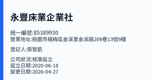 永豐床業企業社的照片-統編 85389930(桃園市) 公司登記資料與營業項目詳細圖表