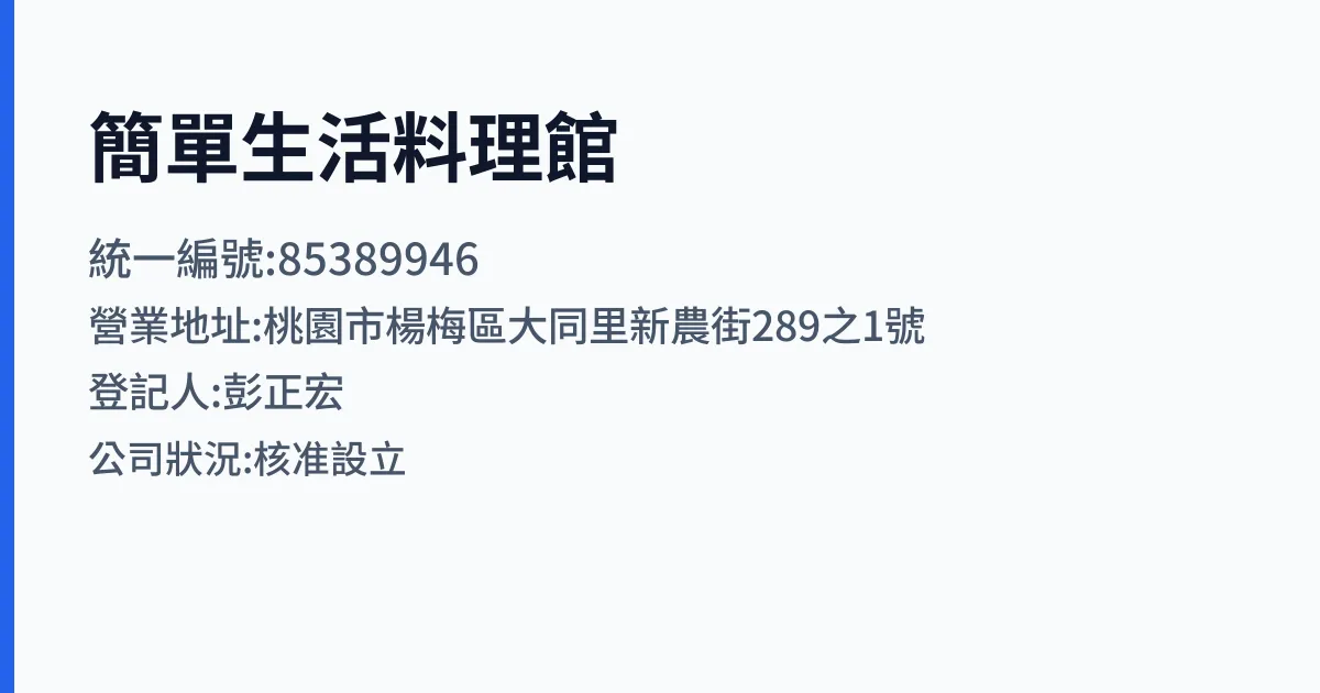 簡單生活料理館 - 統編 85389946(桃園市) 公司登記資料與營業項目詳細圖表
