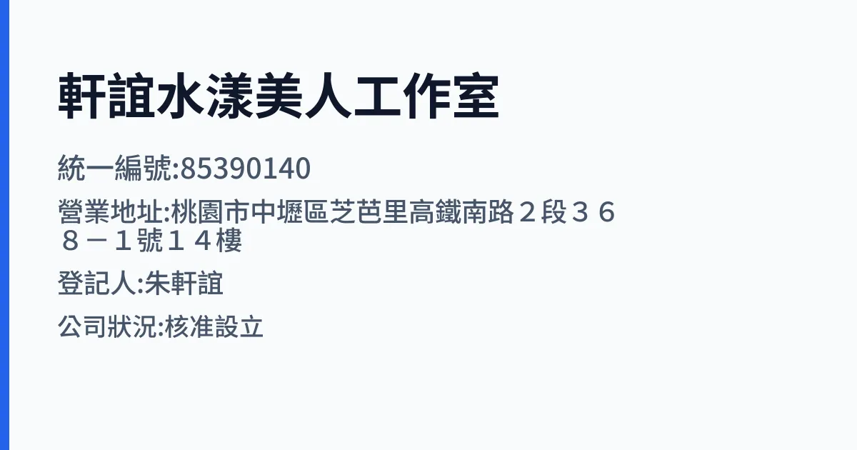 軒誼水漾美人工作室 - 統編 85390140(桃園市) 公司登記資料與營業項目詳細圖表