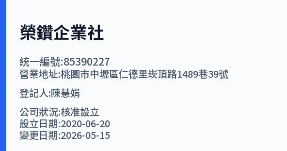 榮鑽企業社的照片-統編 85390227(桃園市) 公司登記資料與營業項目詳細圖表