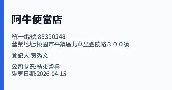 阿牛便當店的照片-統編 85390248(桃園市) 公司登記資料與營業項目詳細圖表