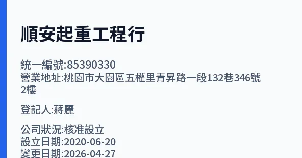 順安起重工程行的照片-統編 85390330(桃園市) 公司登記資料與營業項目詳細圖表