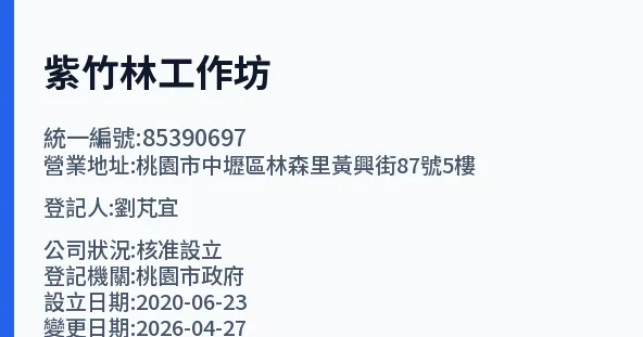 紫竹林工作坊的照片-統編 85390697(桃園市) 公司登記資料與營業項目詳細圖表