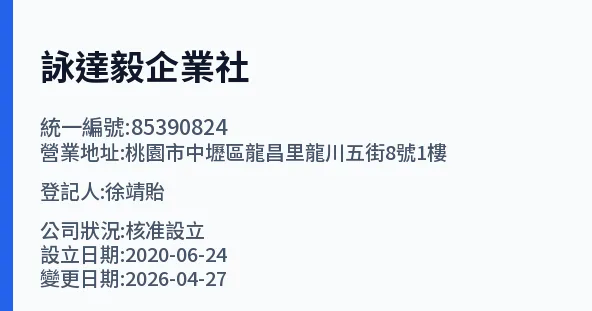 詠達毅企業社的照片-統編 85390824(桃園市) 公司登記資料與營業項目詳細圖表