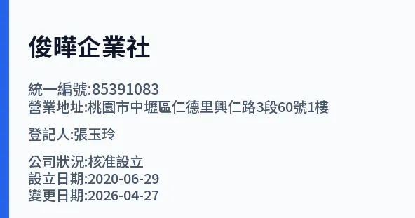 俊曄企業社的照片-統編 85391083(桃園市) 公司登記資料與營業項目詳細圖表