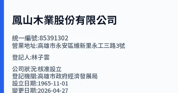 鳳山木業股份有限公司的照片-統編 85391302(高雄市) 公司登記資料與營業項目詳細圖表