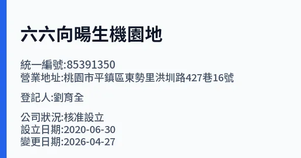 六六向暘生機園地的照片-統編 85391350(桃園市) 公司登記資料與營業項目詳細圖表