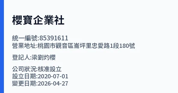 櫻寶企業社的照片-統編 85391611(桃園市) 公司登記資料與營業項目詳細圖表