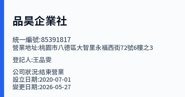 品昊企業社的照片-統編 85391817(桃園市) 公司登記資料與營業項目詳細圖表