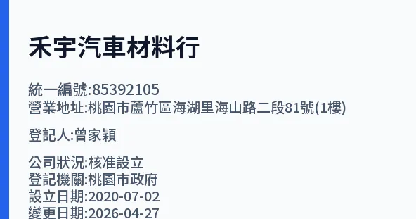 禾宇汽車材料行的照片-統編 85392105(桃園市) 公司登記資料與營業項目詳細圖表