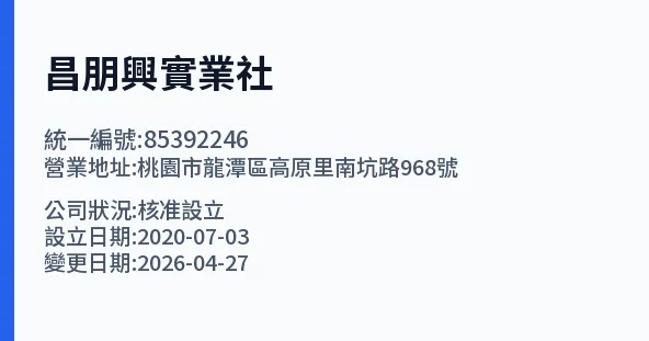 昌朋興實業社的照片-統編 85392246(桃園市) 公司登記資料與營業項目詳細圖表