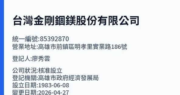 台灣金剛錮鎂股份有限公司的照片-統編 85392870(高雄市) 公司登記資料與營業項目詳細圖表
