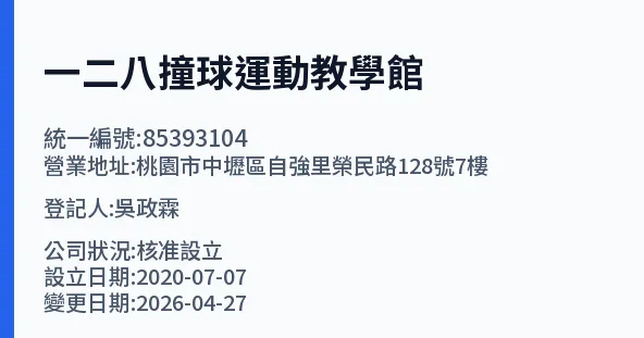 一二八撞球運動教學館的照片-統編 85393104(桃園市) 公司登記資料與營業項目詳細圖表