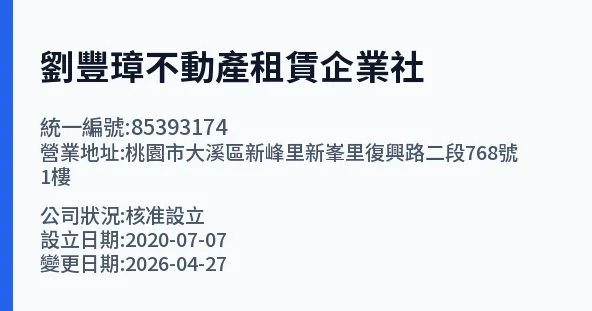 劉豐璋不動產租賃企業社的照片-統編 85393174(桃園市) 公司登記資料與營業項目詳細圖表
