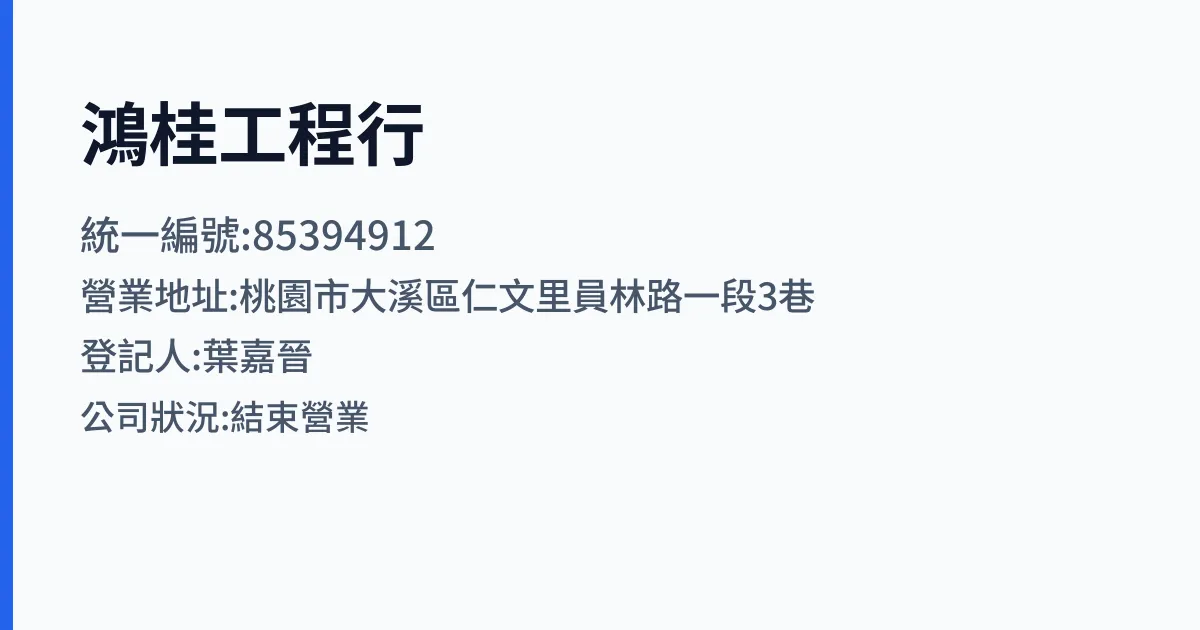 鴻桂工程行 - 統編 85394912(桃園市) 公司登記資料與營業項目詳細圖表