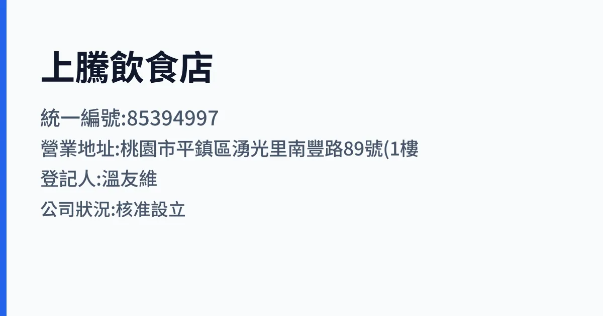 上騰飲食店 - 統編 85394997(桃園市) 公司登記資料與營業項目詳細圖表