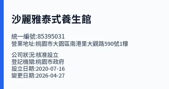 沙麗雅泰式養生館的照片-統編 85395031(桃園市) 公司登記資料與營業項目詳細圖表
