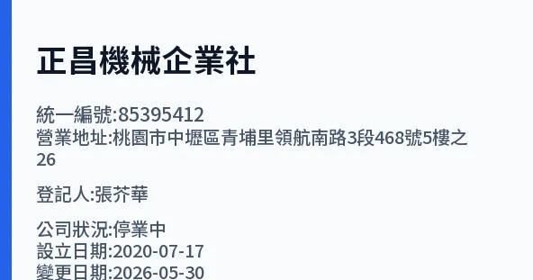 正昌機械企業社的照片-統編 85395412(桃園市) 公司登記資料與營業項目詳細圖表
