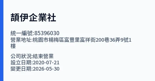 頡伊企業社的照片-統編 85396030(桃園市) 公司登記資料與營業項目詳細圖表