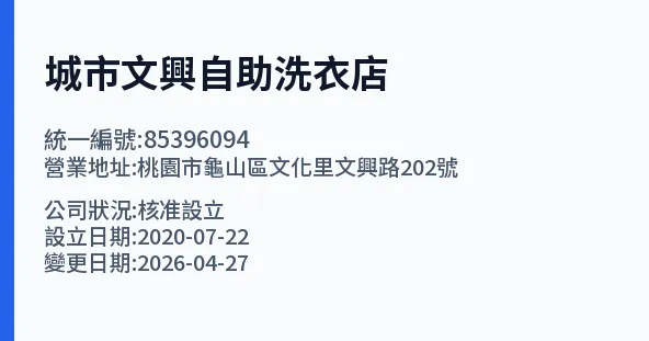 城市文興自助洗衣店的照片-統編 85396094(桃園市) 公司登記資料與營業項目詳細圖表