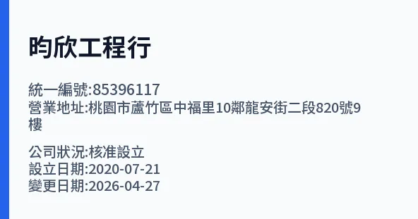 昀欣工程行的照片-統編 85396117(桃園市) 公司登記資料與營業項目詳細圖表