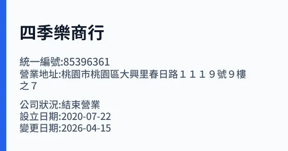 四季樂商行的照片-統編 85396361(桃園市) 公司登記資料與營業項目詳細圖表