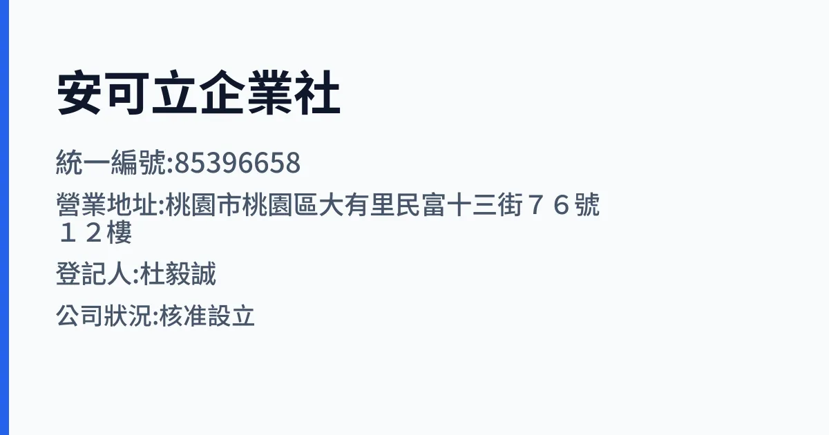 安可立企業社 - 統編 85396658(桃園市) 公司登記資料與營業項目詳細圖表