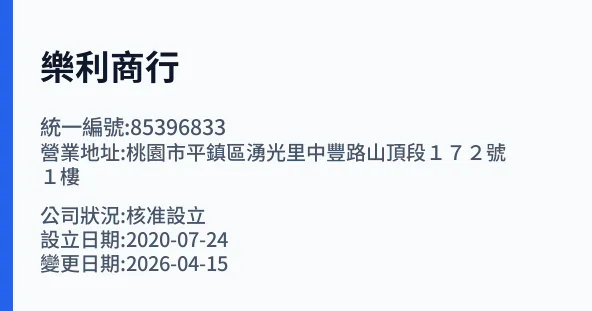 樂利商行的照片-統編 85396833(桃園市) 公司登記資料與營業項目詳細圖表