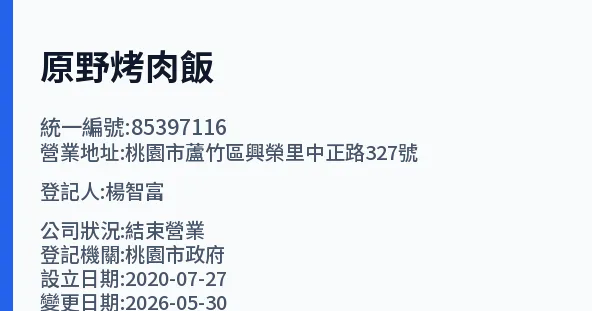 原野烤肉飯的照片-統編 85397116(桃園市) 公司登記資料與營業項目詳細圖表