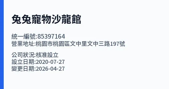 兔兔寵物沙龍館的照片-統編 85397164(桃園市) 公司登記資料與營業項目詳細圖表