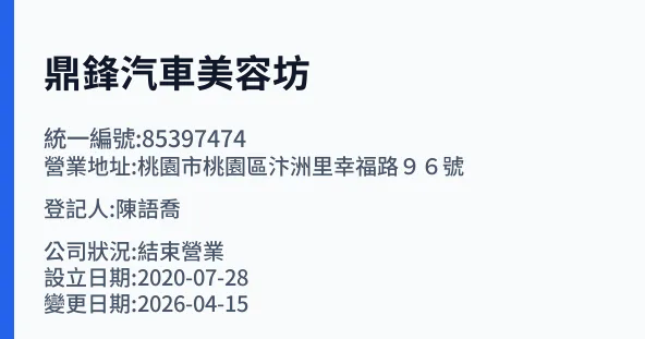 鼎鋒汽車美容坊的照片-統編 85397474(桃園市) 公司登記資料與營業項目詳細圖表