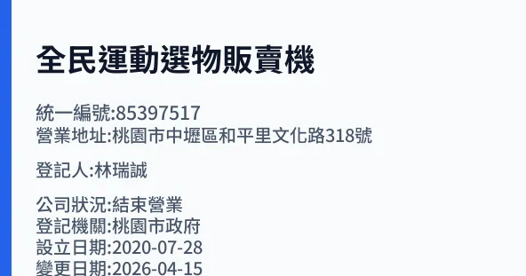 全民運動選物販賣機的照片-統編 85397517(桃園市) 公司登記資料與營業項目詳細圖表