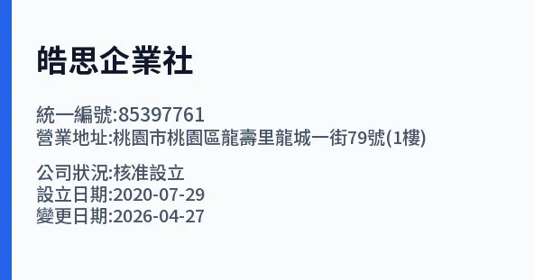 皓思企業社的照片-統編 85397761(桃園市) 公司登記資料與營業項目詳細圖表
