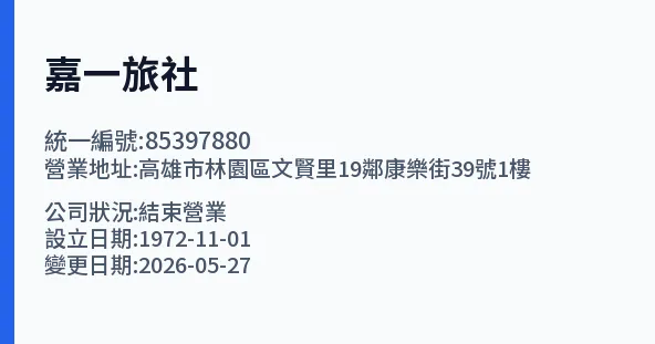 嘉一旅社的照片-統編 85397880(高雄市) 公司登記資料與營業項目詳細圖表
