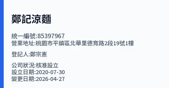 鄭記涼麵的照片-統編 85397967(桃園市) 公司登記資料與營業項目詳細圖表