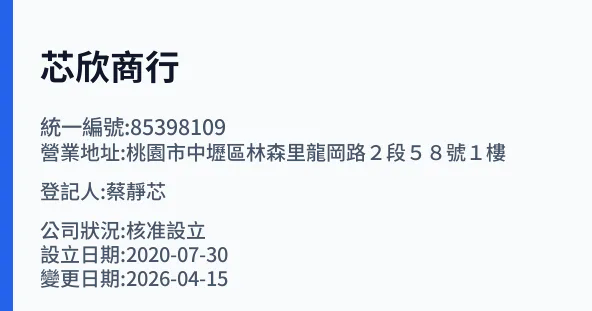 芯欣商行的照片-統編 85398109(桃園市) 公司登記資料與營業項目詳細圖表