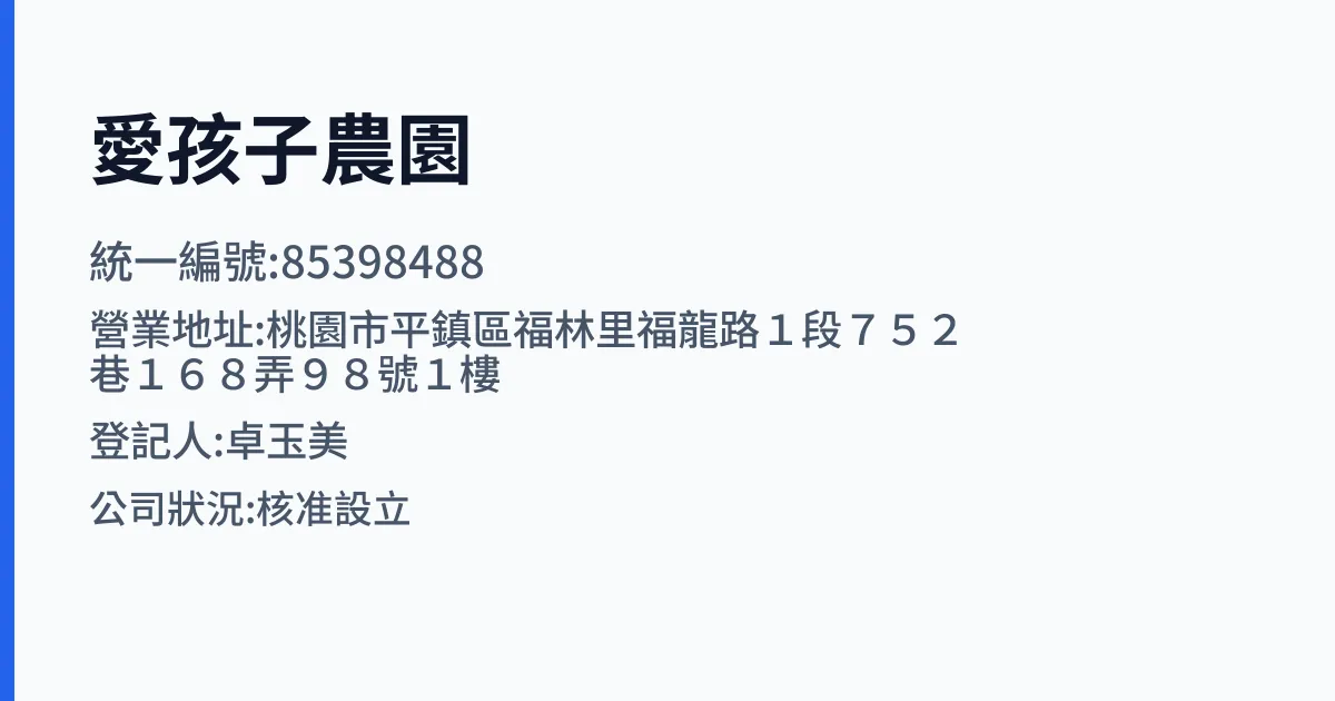 愛孩子農園 - 統編 85398488(桃園市) 公司登記資料與營業項目詳細圖表