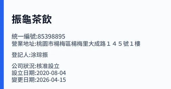 振龜茶飲的照片-統編 85398895(桃園市) 公司登記資料與營業項目詳細圖表