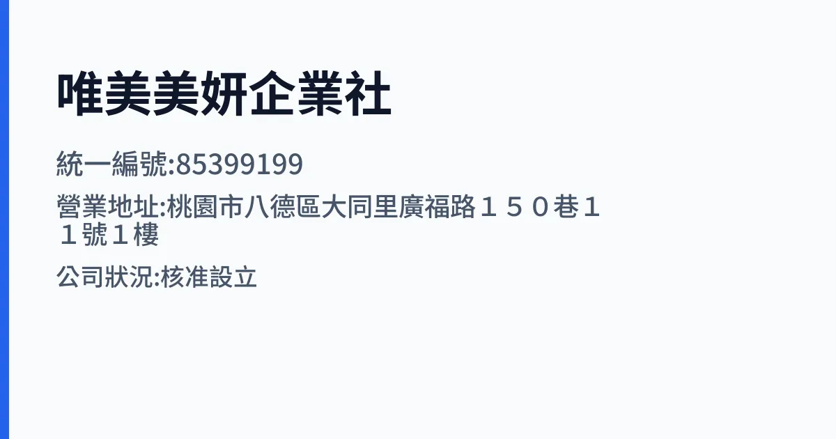 唯美美妍企業社 - 統編 85399199(桃園市) 公司登記資料與營業項目詳細圖表