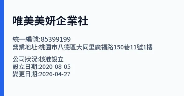 唯美美妍企業社的照片-統編 85399199(桃園市) 公司登記資料與營業項目詳細圖表