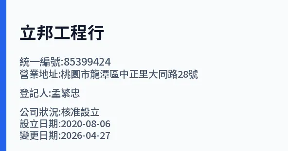 立邦工程行的照片-統編 85399424(桃園市) 公司登記資料與營業項目詳細圖表