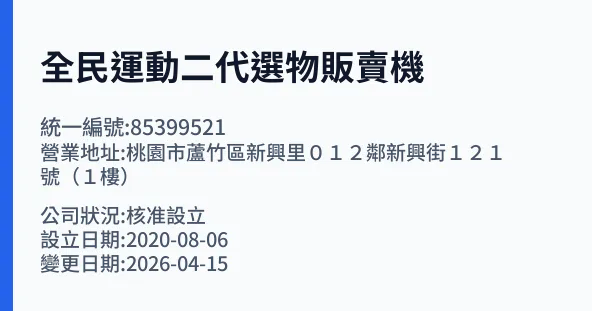全民運動二代選物販賣機的照片-統編 85399521(桃園市) 公司登記資料與營業項目詳細圖表