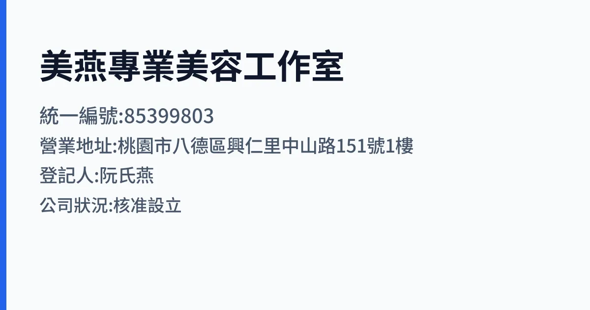 美燕專業美容工作室 - 統編 85399803(桃園市) 公司登記資料與營業項目詳細圖表