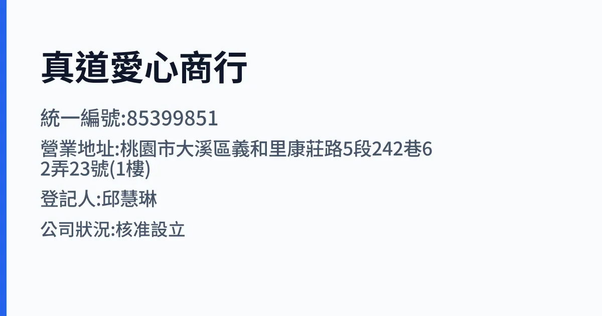 真道愛心商行 - 統編 85399851(桃園市) 公司登記資料與營業項目詳細圖表