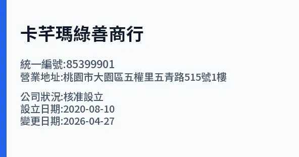 卡芊瑪綠善商行的照片-統編 85399901(桃園市) 公司登記資料與營業項目詳細圖表