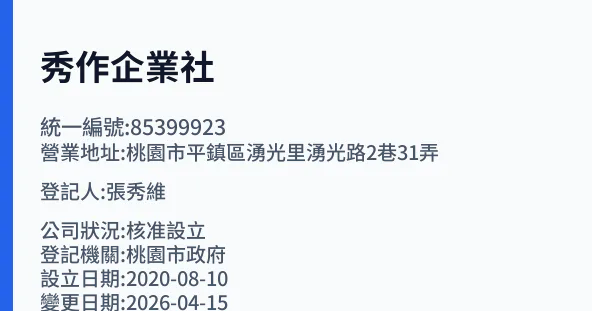 秀作企業社的照片-統編 85399923(桃園市) 公司登記資料與營業項目詳細圖表