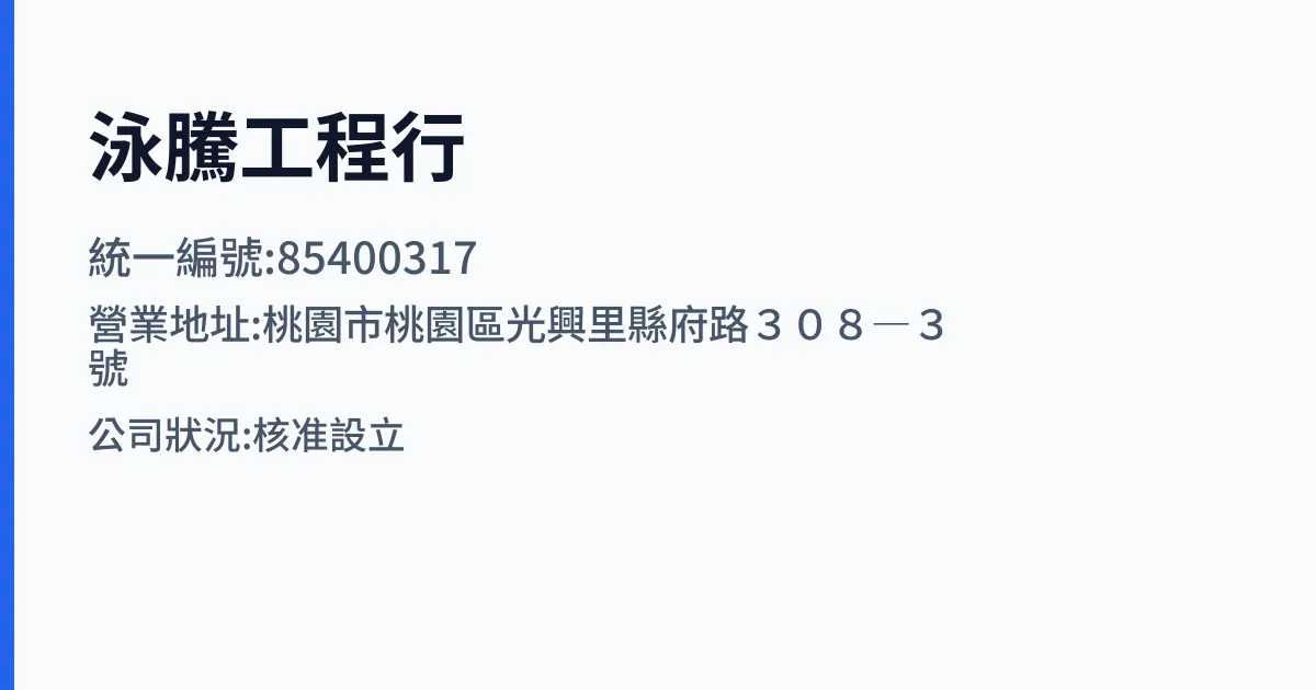 泳騰工程行 - 統編 85400317(桃園市) 公司登記資料與營業項目詳細圖表