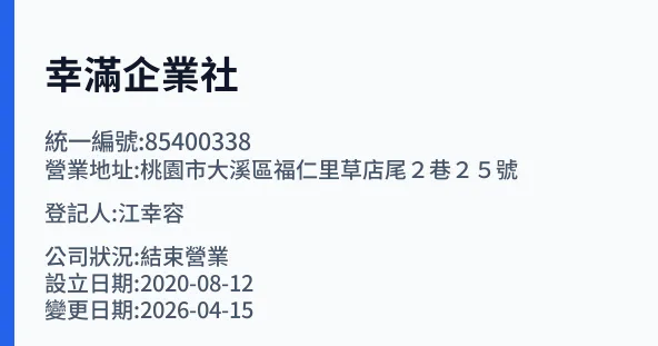 幸滿企業社的照片-統編 85400338(桃園市) 公司登記資料與營業項目詳細圖表