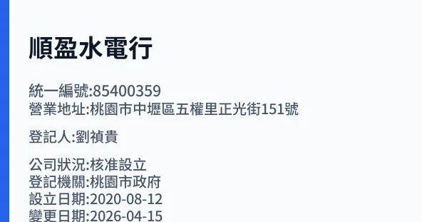順盈水電行的照片-統編 85400359(桃園市) 公司登記資料與營業項目詳細圖表