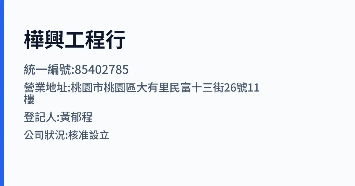 樺興工程行 - 統編 85402785(桃園市) 公司登記資料與營業項目詳細圖表
